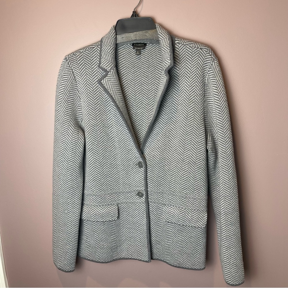 Talbots Merino Wool Gray Herringbone 2 Button Blazer … - Gem